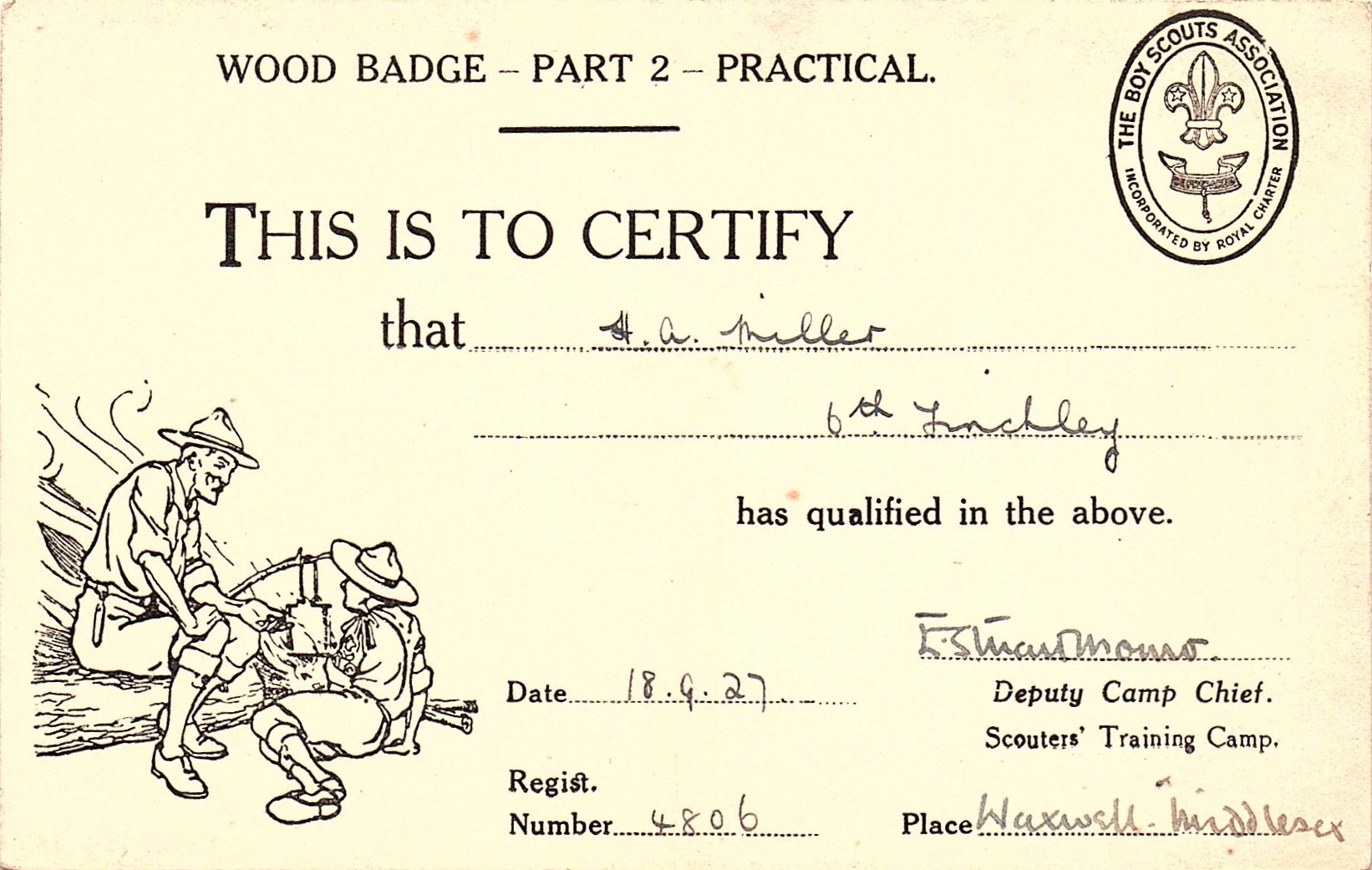 06 1927 Sep Miller wood badge | Barnet Scouts